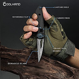 Cool Hand 3'' Super Light Folding Pocket Knife, Liner Lock, 2'' Damascus Blade with Carbon Fiber Scale