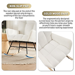 Nolohoo Rocking Chair Nursery, Teddy Upholstered Nursery Rocker Rocking Accent Chair with High Backrest Armrest for Mom, Baby, Bedroom and Living Room, White Teddy