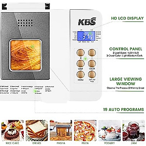 KBS 19-in-1 Compact Bread Machine with Dual-Heaters, 1.5LB Stainless Steel Auto Bread Maker with 2 Loaf sizes & 3 Crust Colors, Nonstick Pan, 15H Delay Timer & Keep Warm Set, Oven Mitt and Recipes