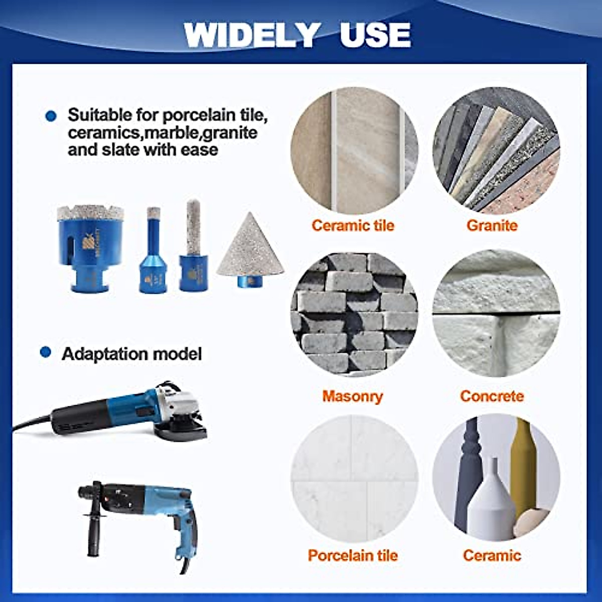 Diamond Core Drill Bit Set for Porcelain Tile Ceramic Marble Granite Drilling,BRSCHNITT 9pcs Vacuum Brazed Diamond Hole Saw with 5/8-11 Thread （1/4" 3/8" 4/5" 1-3/8" 2" 2-1/2"）