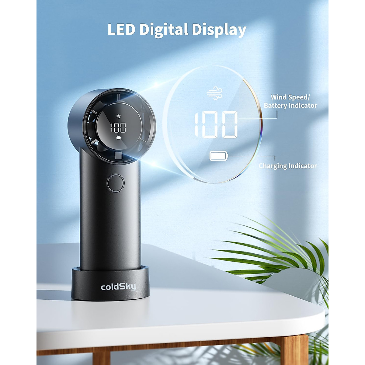 coldSky Portable Handheld Turbo Fan, 5 Speed Adjustable Personal Small Fan With Digital Display, Powerful High Speed 6000mAh Battery Operated Cooling Fan With Base For Outdoors, Travel, Home, Desk