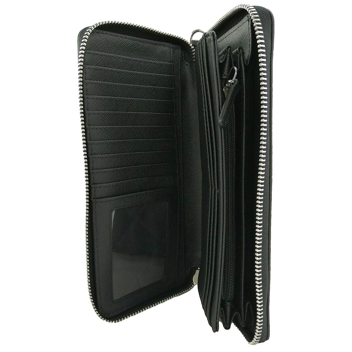 Michael Kors Jet Set Travel Continental Zip Around Leather Wallet Wristlet (Black with Silver Hardware)