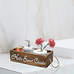MEGREZ Bathroom Decor Box Bathroom Tray, 2 Sides Funny Saying Toilet Paper Holder, Rustic Wooden Farmhouse Decor Storage Box for Bathroom, Counter, Kitchen, Home Decor Paper Box, Sweet Cheeks