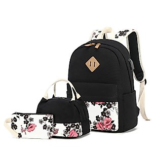 Natayoo Floral School Backpacks for Teen Girls Women with Lunch Bag and Pencil Bag, College Bookbag Water Resistant Laptop Backpack with USB Charging Port