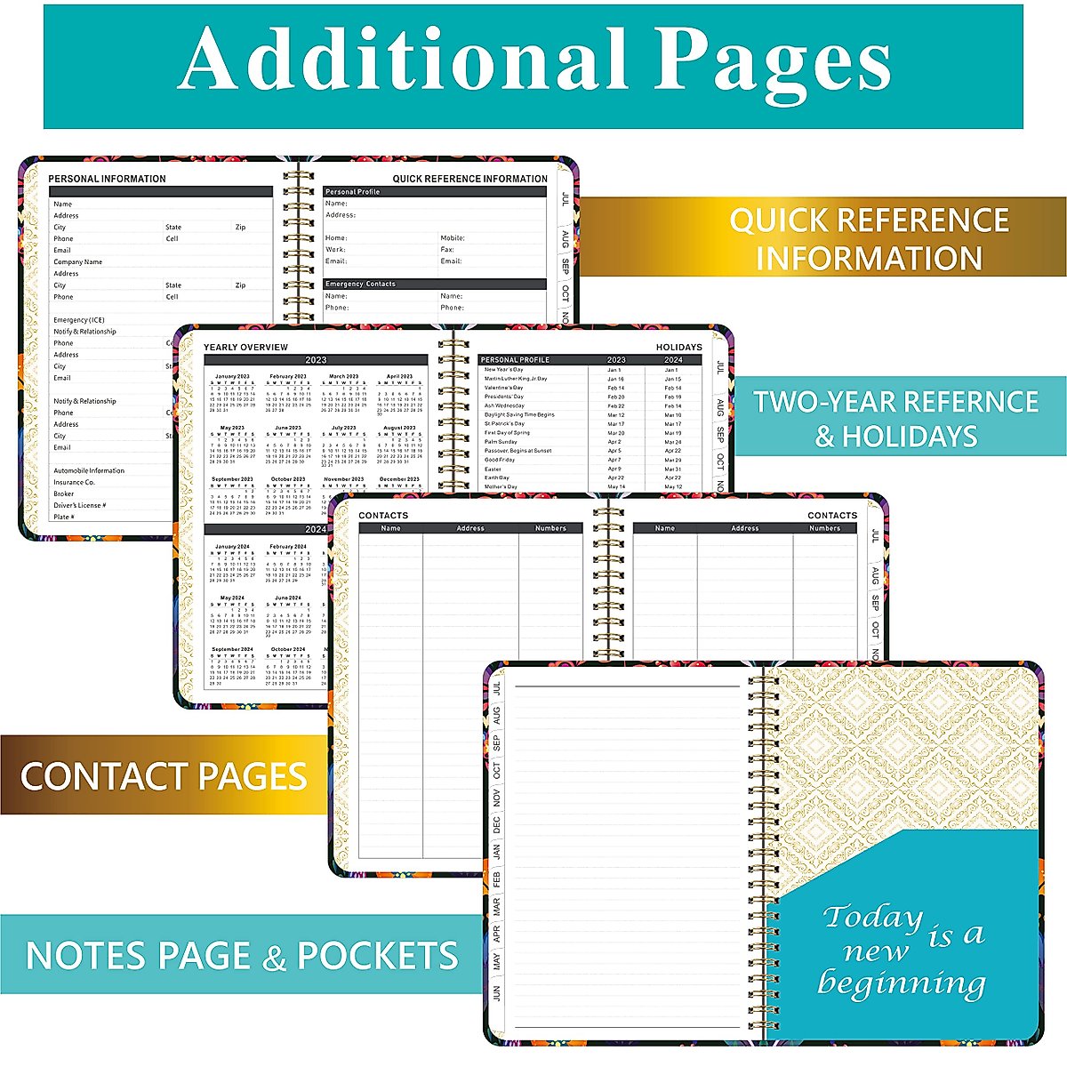 2023 Planner, Jul. 2023 – Jun. 2024, Academic Planner 2023-2024, 8.4" x 6.2" with Weekly ＆ Monthly Spread, Spiral Planner Notebook, Elastic Closure, Inner Pocket, Coated Tabs, Floral