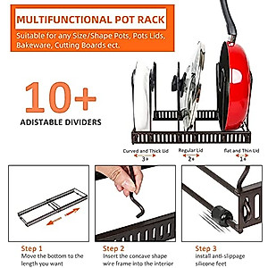 Daddynme Expandable Pot and Pan Organizers Rack, 10+ Pans and Pots Lid Organizer Rack Holder, Kitchen Cabinet Pantry Bakeware Organizer Rack Holder with 10 Adjustable Compartments