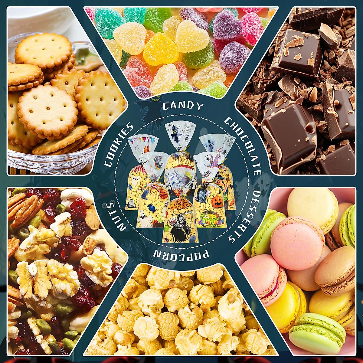 Lanfixilly Halloween Cellophane Treat Bags, 150 PCS Halloween Candy Bags, Halloween Treat Bags, 6 Styles Halloween Goodie Bags Gifts Bags with Twist Ties for Trick or Treat Party Favors Supplies