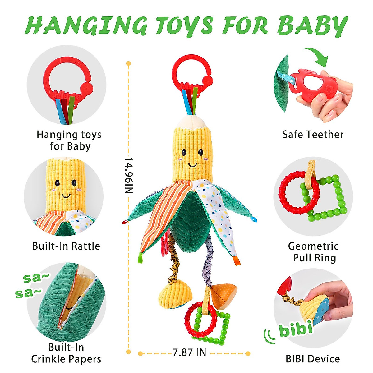 Jollybaby Baby Rattles Hanging Toys for Car Seat Crib Stroller Gym, Montessori Sensory Plush Vegetable Toys for Baby 0-3-6-12 Months with Ring Bell Crinkle and Teether, Newborn