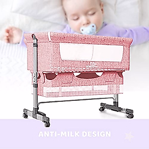 Napfox Baby Bassinet, Bedside Sleeper,Foldable Baby Bed to Bed, Adjustable Portable Bed for Infant/Baby/Newborn,with Mosquito Nets, Large Storage Bag, Comfortable Mattresses, Lockable Wheels(Pink)