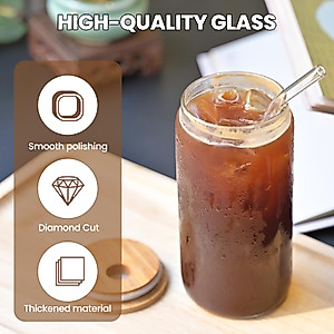 [ 8-Piece Set ] Bamboo Lid Glass Drinking Glasses with Glass Straw - 16-ounce Can Shaped Glassware for Beer, Iced Coffee, Cocktails, Whiskey, and More, Perfect for Cocktails, Whiskey, and Gifting