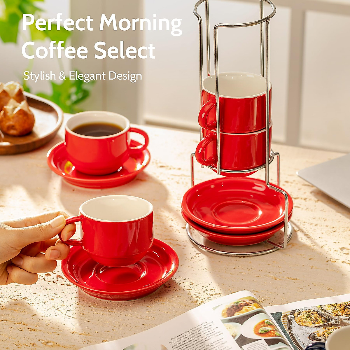 Sweese 8 Ounce Porcelain Stackable Cappuccino Cups with Saucers and Metal Stand - for Specialty Coffee Drinks, Cappuccino, Latte, Americano and Tea - Set of 4, Red