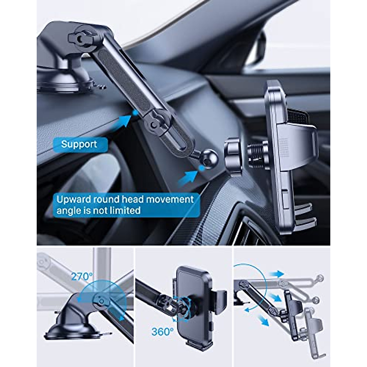 Phone Mount for Car (3 in 1) Dashboard Windshield Air Vent [Multi-Angle Adjustment Arm] Dash Phone Holder Mount, Car Cell Phone Holder, Hands Free iPhone Stand for Car Fit for All Mobile Phones.