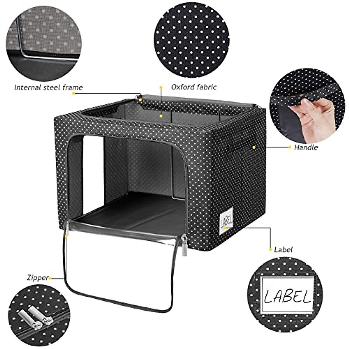 3 Pack Clothes Storage Organizer Bins - Foldable Metal Frame Storage Bins Stackable Oxford Cloth Fabric Container Organizer Set with Carrying Handles and Clear Window (Large-66L, Black Dots)