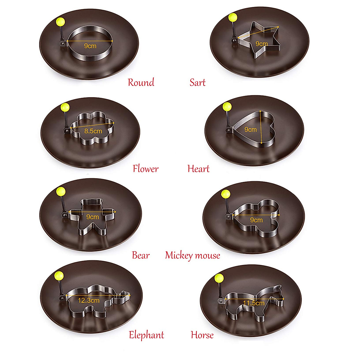 Egg Pancake Rings,8pcs Different Shaper Fried Egg Molds,Stainless Steel Omelette Frying Cooking Tools Kitchen Accessories Gadget Rings,with a Silicone Pastry Brush and a Yolk separator,Set of 10