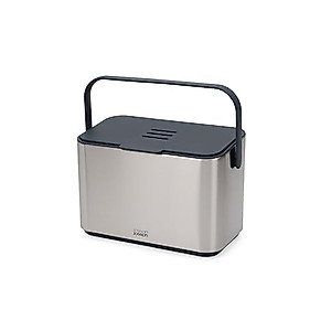 Joseph Joseph Collect 1.06 gallon/4 Liters Stainless Steel Food Compost Bin with Handle, Removable Inner Bucket and Bin Liners Storage, Includes Odor Filter and 3x Bin Liners