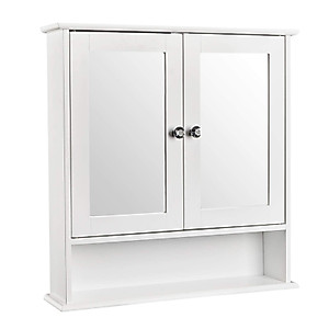 Volowoo Bathroom Mirror Cabinet,Double Door Mirror Indoor Bathroom Wall Mounted Cabinet Shelf White