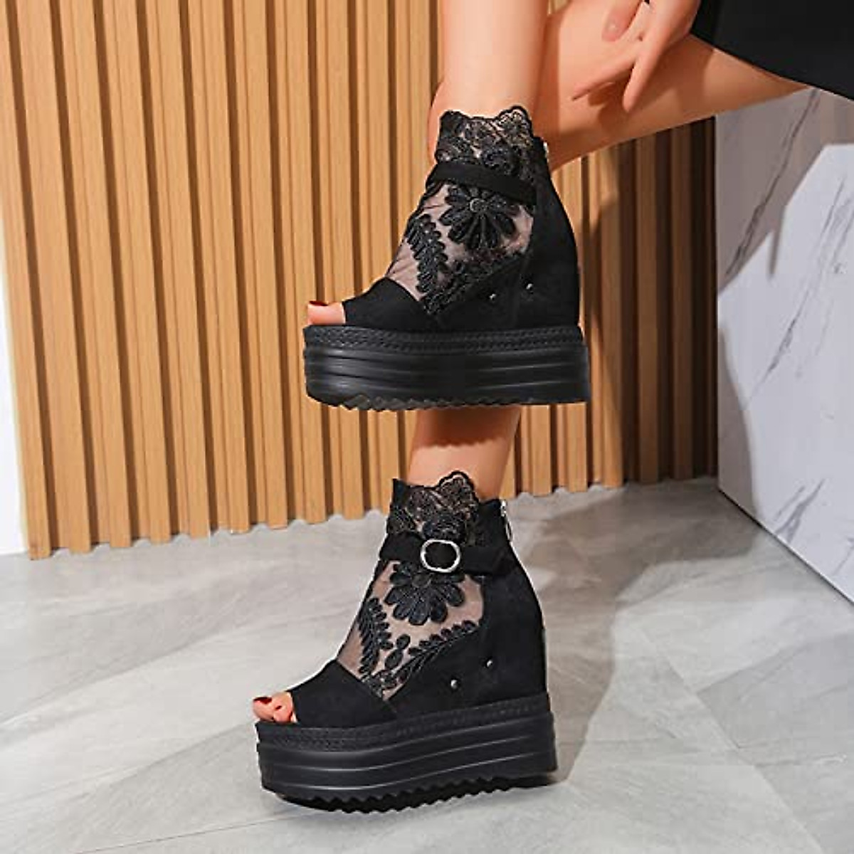 Ladies Fashion Solid Color Summer Breathable Mesh Open Toed Back Zippered High Soled Womens Size 12 Shoes Sandals (Black, 7.5)