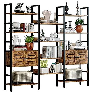IRONCK Industrial Bookshelf and Bookcase with 2 Louvered Doors 5 Tiers Triple Wide Display Shelf with Storage Cabinet for Living Room Home Office