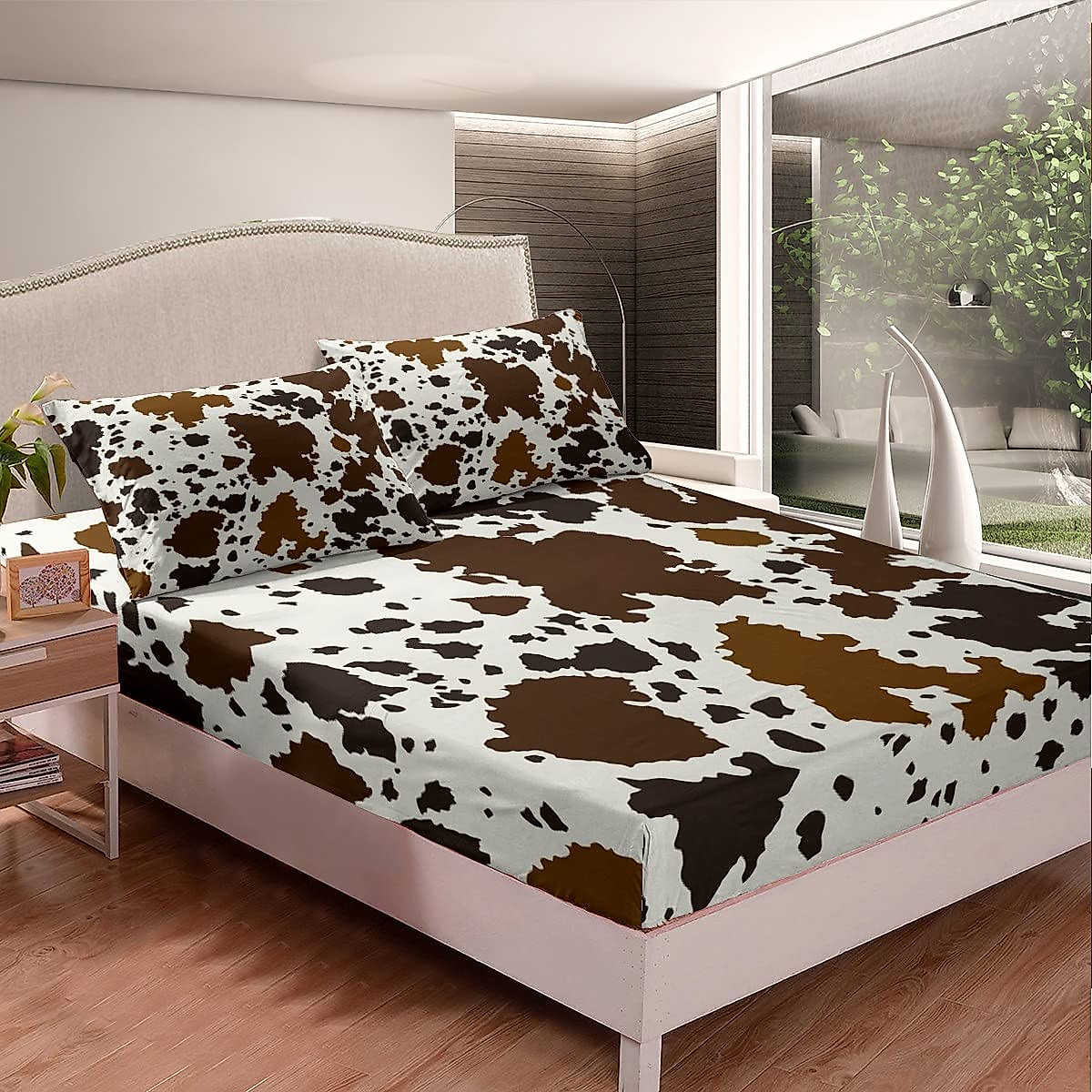 Cow Print Bedding Set Adult Women Brown Highland Cow Print Fitted Sheet for Boys Girls Western Room Decor Fitted Bed Sheets Wild Animal Farmhouse Milk Cow Print Bedding Collections, Twin Size
