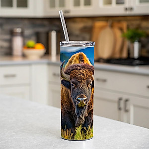 Bison Buffalo Skinny Tumbler 20oz with Straw Insulated Water Bottle Gift