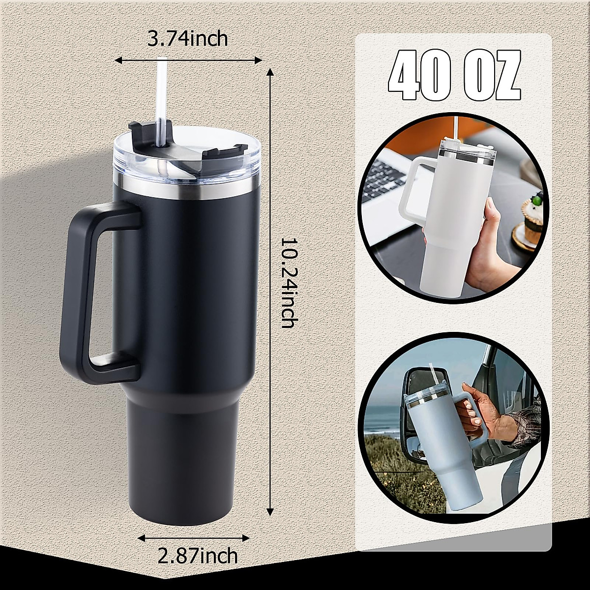 Xereizo 40 oz Tumbler with Handle and Straw, Leak Proof Stainless Steel Insulated Travel Coffee Tumbler Cups Lid and Straw, Iced for 40 Hours Cupholder Friendly Water Bottle Mug, Black