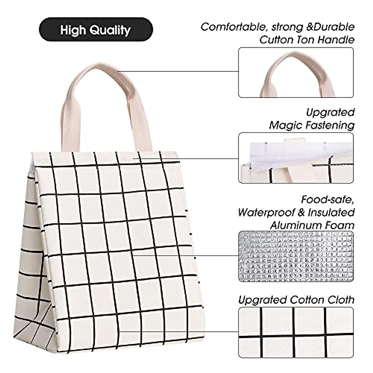 HOMESPON Reusable Lunch Bag Insulated Lunch Box Canvas Fabric with Aluminum Foil, Lunch Tote Handbag for Women,Men,Office (White Plaid)
