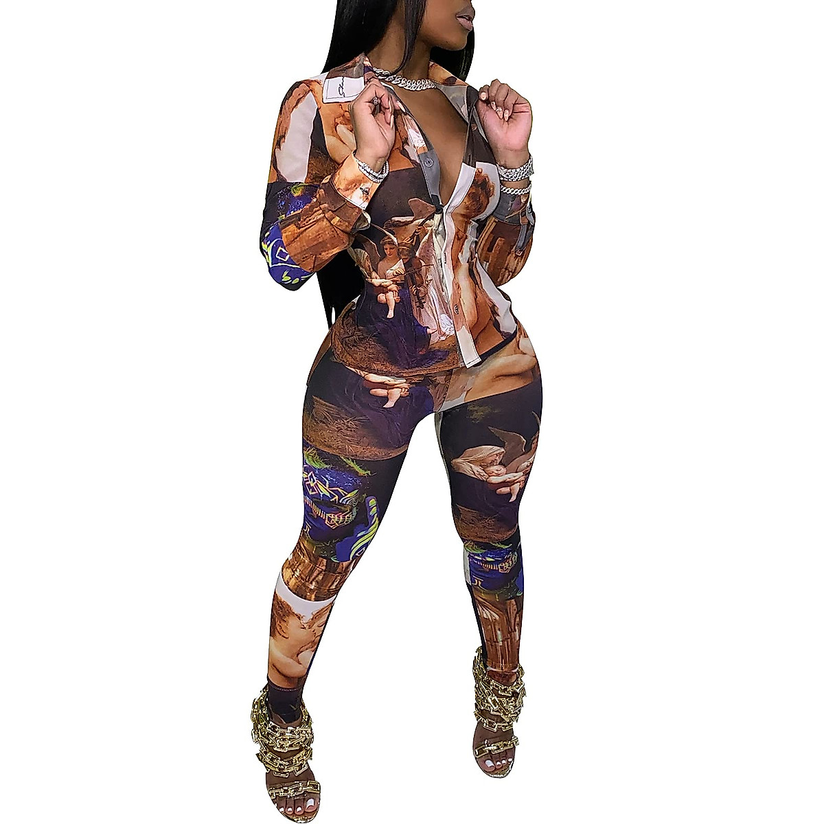 YouSexy 2 Piece Legging Pant Sets for Women Floral Print Long Sleeve Crop Top and Bodycon Pants Tracksuits Outfits