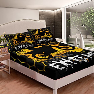 Motorbike Kids Fitted Sheet Full Size,Motorcycle Extreme Sports Bedding Set,Girls Boys Adults Bedroom Decor,Geometric Honeycomb Hexagon Bed Cover,Yellow Fashion Bed Sheet,2 Pillowcases