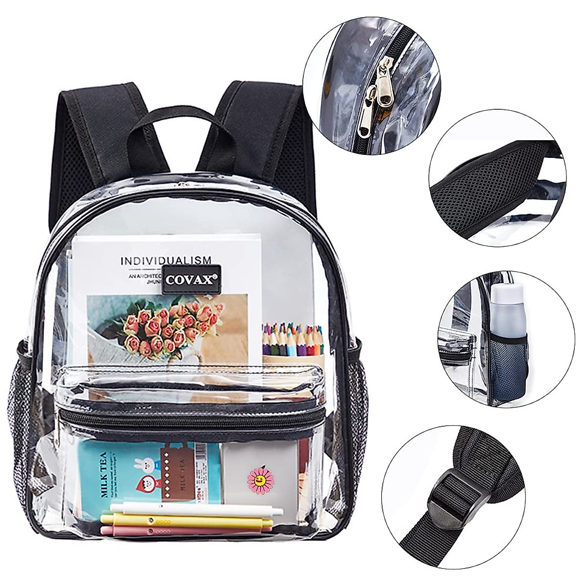 COVAX Clear Backpack,Stadium Approved Clear Transparent Backpack , See Through Backpack with Reinforced Straps for School, Concerts, Security, & Sporting Events