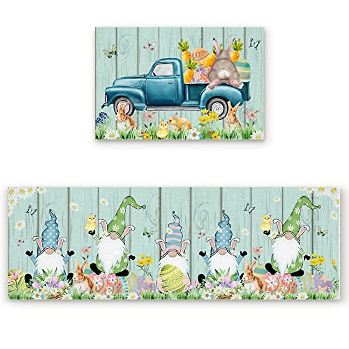 2 Piece Easter Day Kitchen Rug Set Easter Bunny Indoor Floor Mats for Spring Summer, Gnomes Mat Runner Rug Carpet Mat for Kitchen Home Decor (15.7" x 23.6"+15.7" x 47.2") - Easter Eggs Truck Rabbit