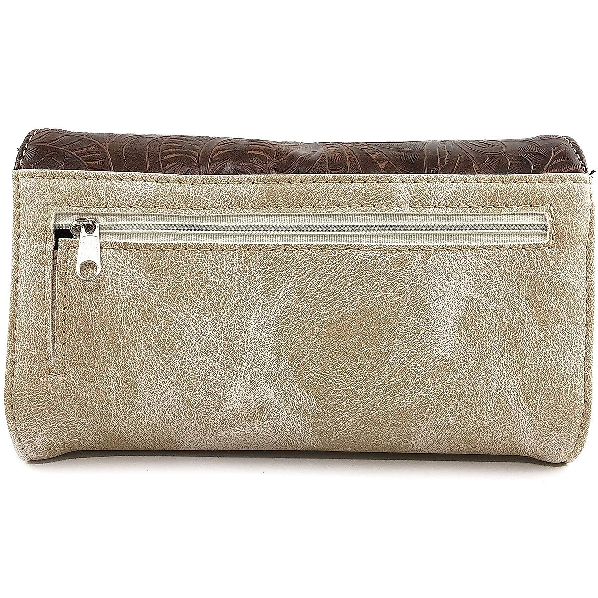 Justin West Laser Cut Rhinestone Cross Studded Cross Shape Design Wristlet Trifold Wallet Attachable Long Strap (Beige)