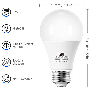 CYLYT 100W Equivalent Bright LED Light Bulbs, Daylight White 5000K A19 Lightbulbs, Focos LED para Casa, for Kitchen Bedroom Indoor, 1500 Lumens, E26 Standard Base, 4-Pack, Non-Dimmable