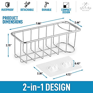 Zulay 2-in-1 Sponge Holder for Sink - Stainless Steel Kitchen Sink Sponge Holder with Extra Strong Adhesive - Rust Proof Dish Brush Holder & Dish Sponge Holder - Solid Sponge Caddy Sink Organizer