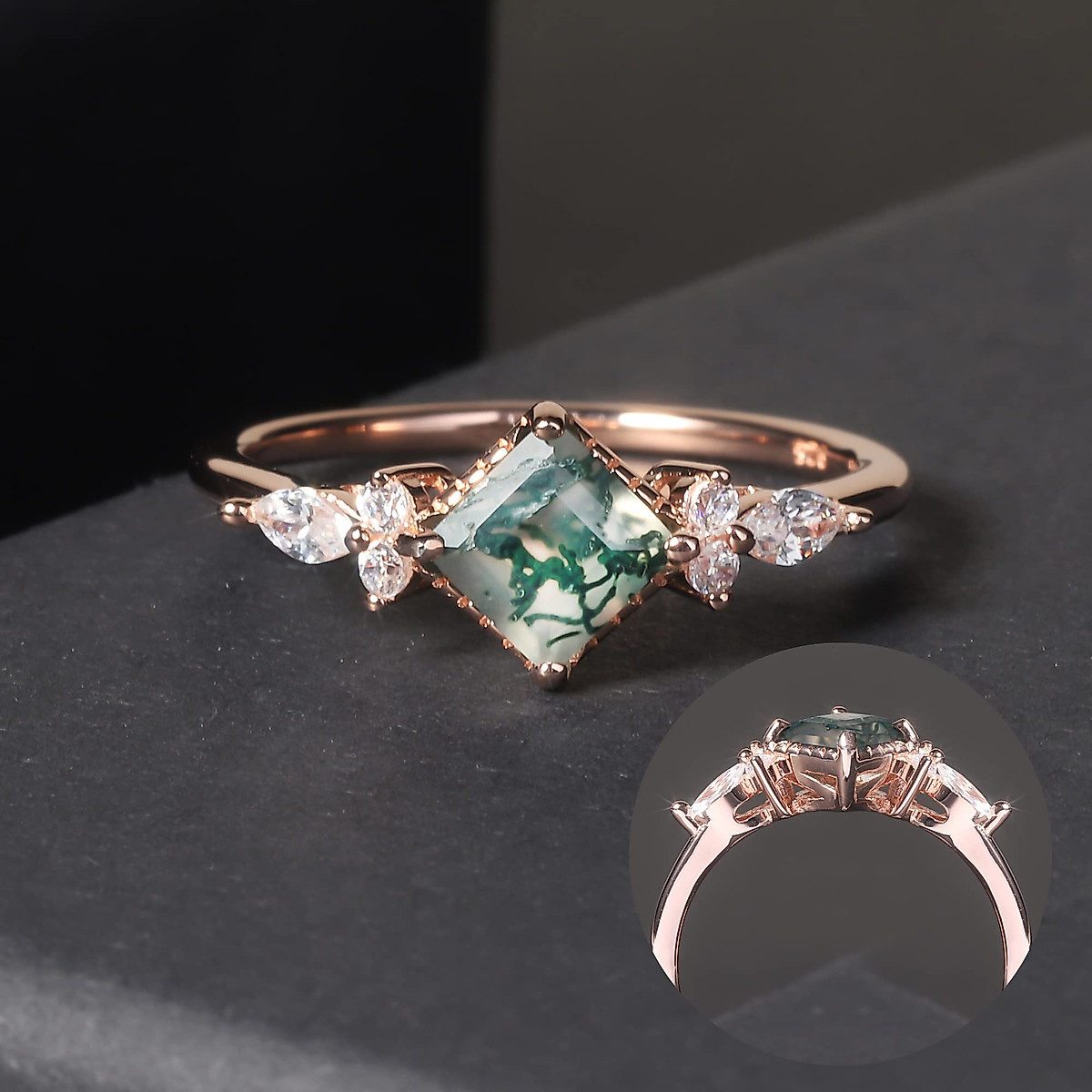 Gem's Beauty Birthday Gifts for Her 0.63CT Square Shape Natural Moss Agate There Stone Engagement Ring in 925 Sterling Silver Women's Gold Ring(Size7)