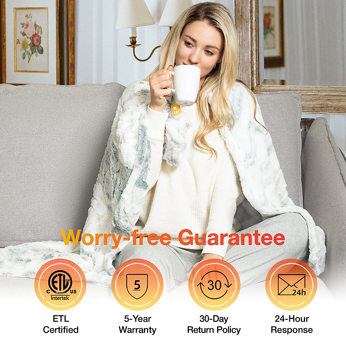 WOOMER Electric Heated Throw Blanket(50"x 60"), Soft Flannel Fast Heating Blanket with Multi-Color Option, 4 Heating Levels & 4H Auto Off, Machine Washable, Over-Heat Protection
