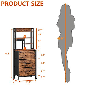 Furnulem Tall Nightstand with 3 Fabric Drawers and Bookshelf, Night Stand with LED Lights and Charging Port, Tall Bedside Tables for Bedrooms, Office, Dorm, Rustic Brown