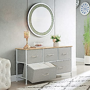 Somdot Dresser for Bedroom with 5 Drawers, Wide Storage Chest of Drawers with Removable Fabric Bins for Closet Bedside Nursery Living Room Laundry Entryway Hallway, Grey/Natural Maple