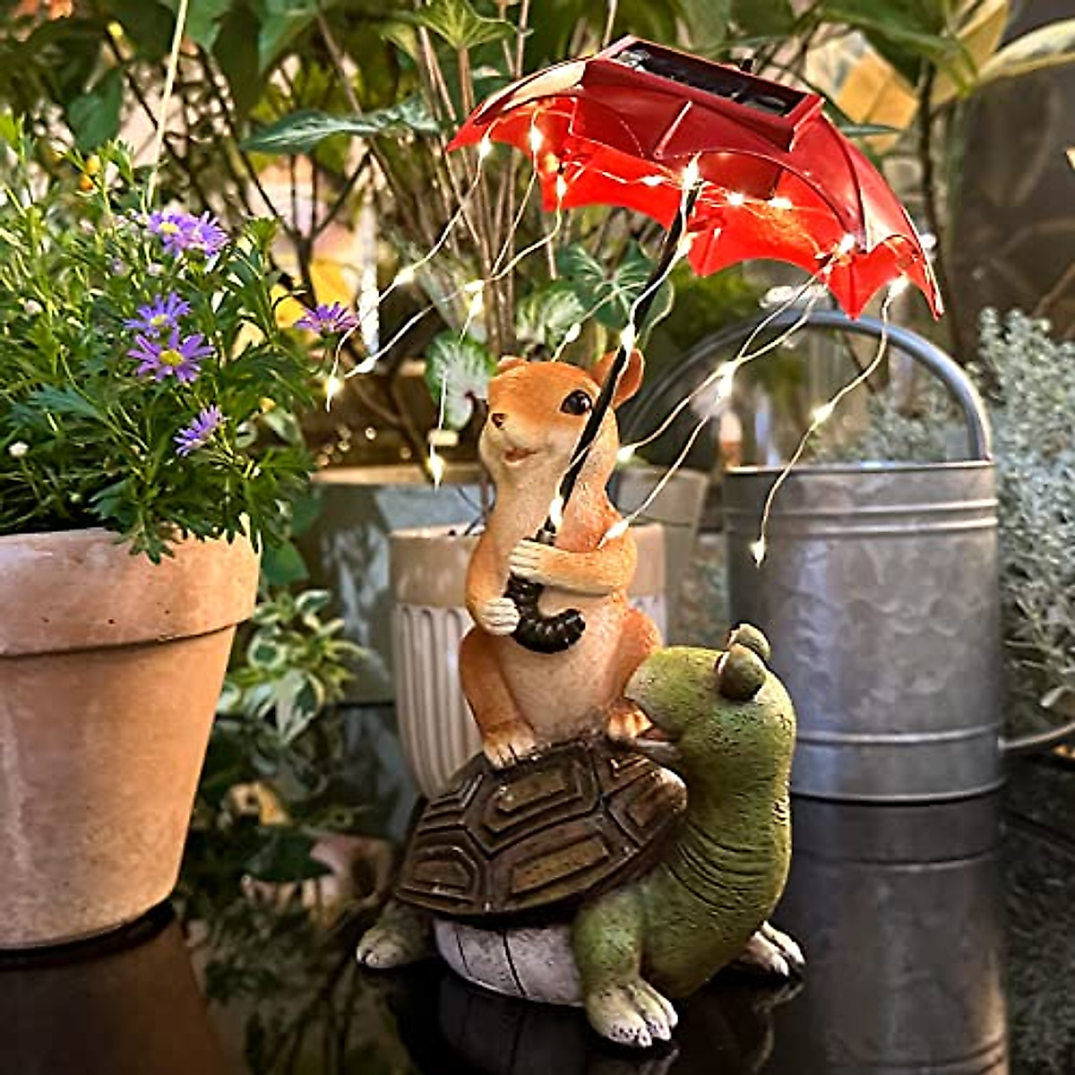 BINFENNY Solar Garden Statues Outdoor Decor - Squirrel Standing on Turtle Holding Umbrella with String Lights Outdoor Waterproof Anamial Ornaments for Patio Lawn Yard Decoration Housewarming Gift