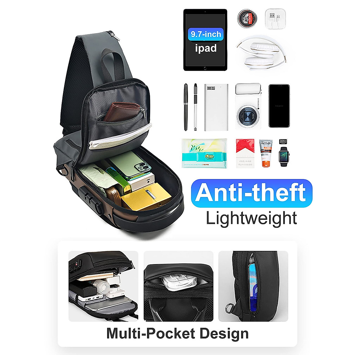 Geanbun Sling Bag Anti-Theft USB Crossbody Backpack Waterproof Chest Daypack Lightweight Shoulder Bag (Black)