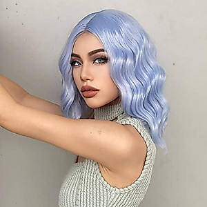 Stamped Glorious Short Curly Wig for Women Bob Wig Synthetic Shoulder Length Wavy Wigs for Daily Party Cosplay Use (Blue,14 inch)