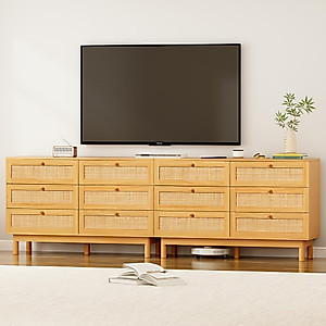 DHMAKER 6 Drawer Rattan Dresser, 48" Modern Double Dresser for Bedroom, Wide Chest of Drawers, Wood Storage Cabinet for Bedroom, Entryway, Living Room, Hallway