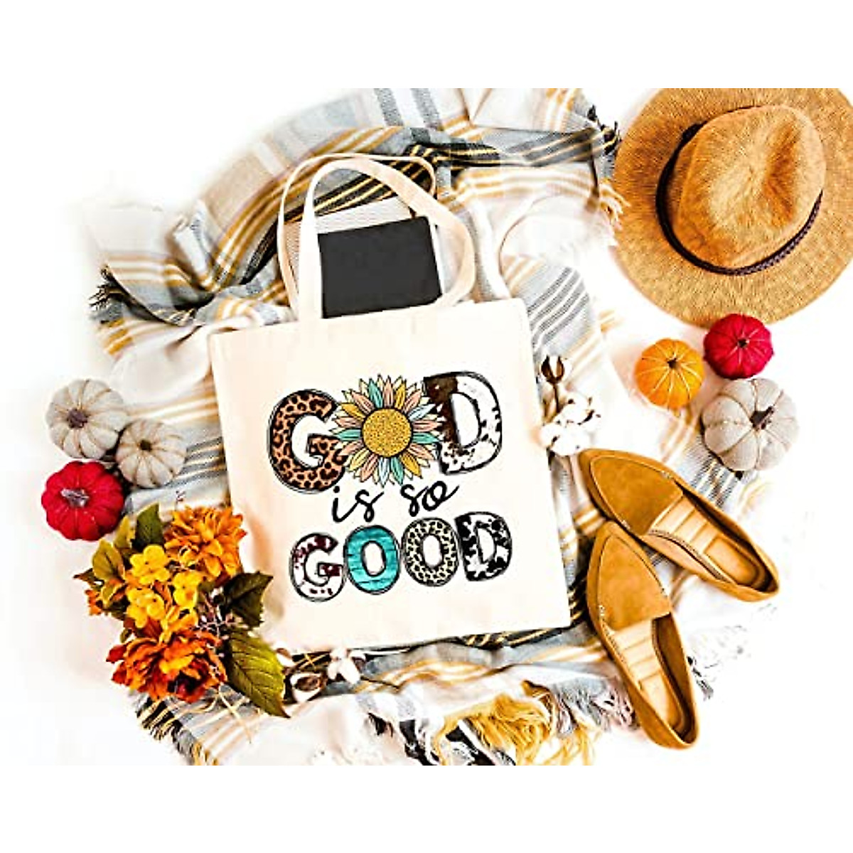 GXVUIS God is So Good Canvas Tote Bag for Women Aesthetic Sunflower Leopard Print Boho Reusable Shopping Bag Christian Gift White