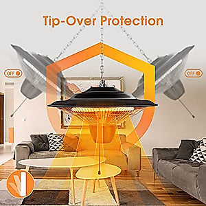 Hanging Patio Heater, 1500W Electric Hanging Patio Heater for Outdoors/Indoors, 3s Fast Heating, Quiet & IP34 Waterproof, Tip-Over Shut Off, Ceiling Heater for Home Use/Balcony/Patio/Courtyard, Black