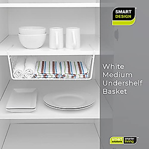 Smart Design Undershelf Storage Basket - Medium - Snug Fit Arms - Steel Metal Wire - Rust Resistant Finish - Cabinet, Pantry, Shelf Organization - Kitchen (16 x 5.5 Inch) [White]