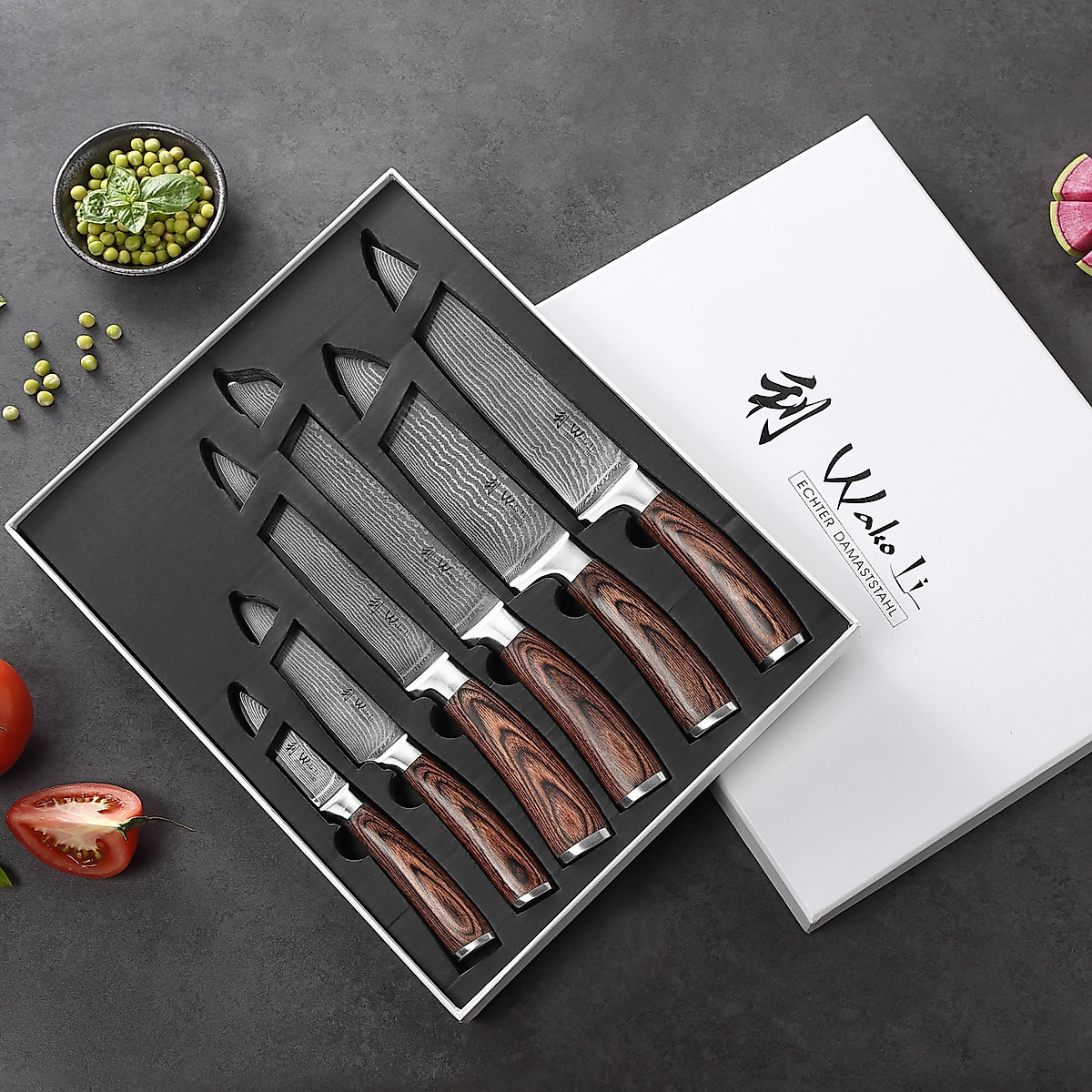 Wakoli Damascus Kitchen Knife Set, 6 Pieces Professional Chef Knife Set made from 67 Layers of Damascus Steel with VG10 Core, Knives Set for Kitchen with Pakkawood Handles in Gift Box (EDIB 6-pcs)