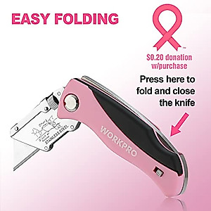 WORKPRO Folding Utility Knife, Quick Change Box Cutter, Pink Razor Knife for Cartons, Cardboard, Boxes with Blade Storage Design, Extra 15 Blades Included - Pink Ribbon
