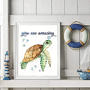 SUUURA-OO Inspirational Words Texture of Dreams Watercolor Sea marine life Art Print Set of 6 (8”X10”), Sea Turtle Seahorse fish whale Jellyfish Watercolor Wall Poster, Blue Ocean Theme Nursery Kids Room Wall Decor