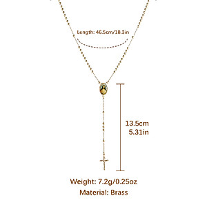HZMAN Dainty Rosary necklace for Women Long Gold Plated Brass Lariat Y Cross necklace Jewelry Gift