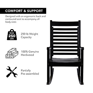 Shine Company Modern Wood Rocking Chairs, Ergonomic Wide Seat Porch Rockers, 2-Pack, Black