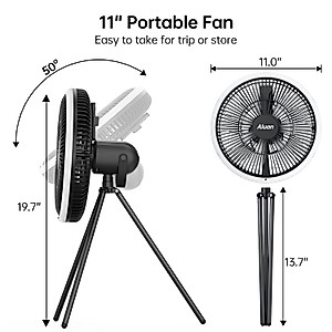 Aluan 11'' Camping Fan Outdoor Fan for Patios 12000mAh Battery Operated Tent Fan with LED Lantern, Power Bank, Remote Control, Quiet Rechargeable Portable Fan for Camping, Travel, Outdoor